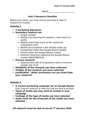 BTEC Business Unit 2 Research Checklist | Teaching Resources