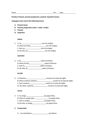 present preterit imperfect conjugation practice | Teaching Resources