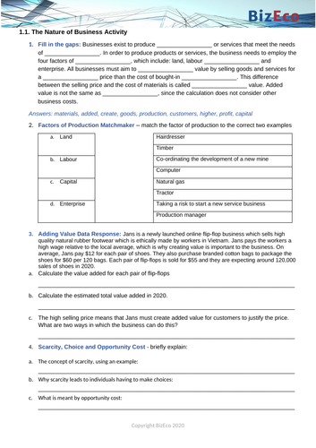 Unit 1 - Nature of Business Activity - CIE AS Business - Worksheet ...