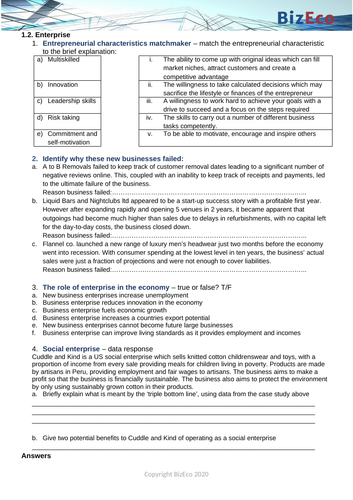 Unit 1 - Enterprise - CIE AS Business - Worksheet | Teaching Resources
