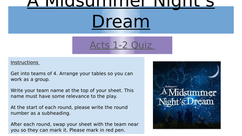 A Midsummer Night's Dream Acts 1-2 Quiz | Teaching Resources