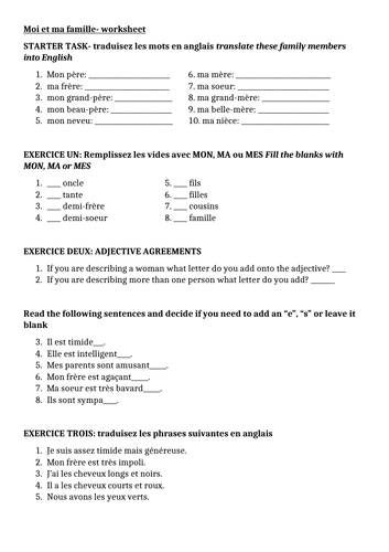 Moi et ma famille worksheet | Teaching Resources