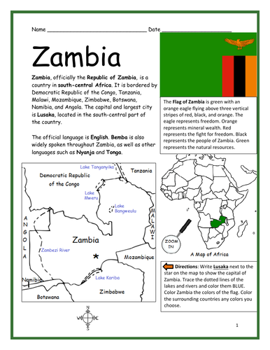ZAMBIA - Introductory Geography Worksheet | Teaching Resources