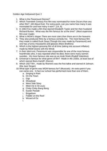 FILM STUDIES - GOLDEN AGE HOLLYWOOD STUDIOS | Teaching Resources