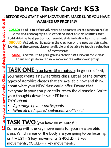 COVER Task Cards for Dance/PE | Teaching Resources