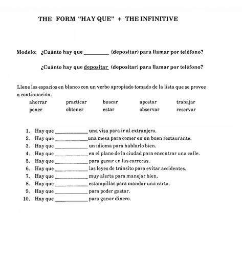 Spanish 1,2- Hay + que+ inf- Worksheet | Teaching Resources