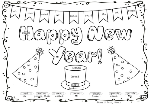 Happy New Year colour by tricky word sight words differentiated by ...
