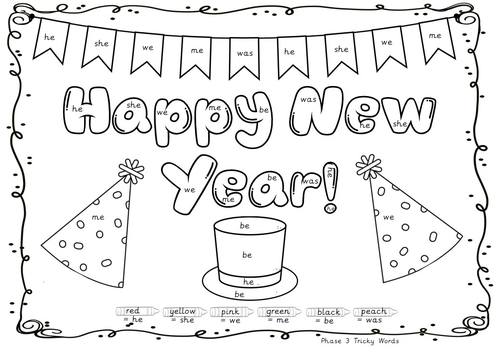 Happy New Year colour by tricky word sight words differentiated by ...