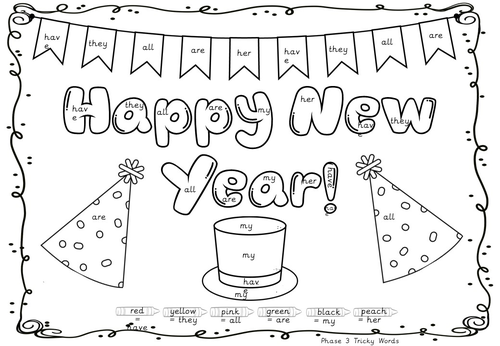 Happy New Year colour by tricky word sight words differentiated by ...