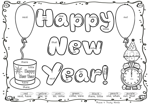 Happy New Year colour by tricky word sight words differentiated by ...