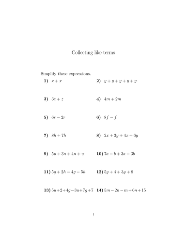 Collecting like terms worksheet no 4 (with solutions) | Teaching Resources