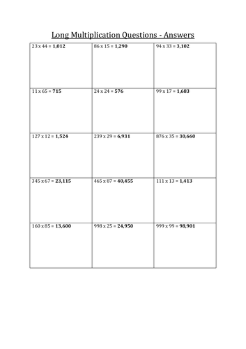 Long Multiplication Practice Questions | Teaching Resources