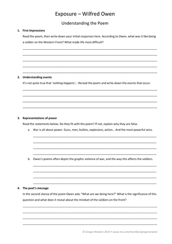Exposure (Wilfred Owen) for GCSE ~ Comprehension worksheet | Teaching Resources