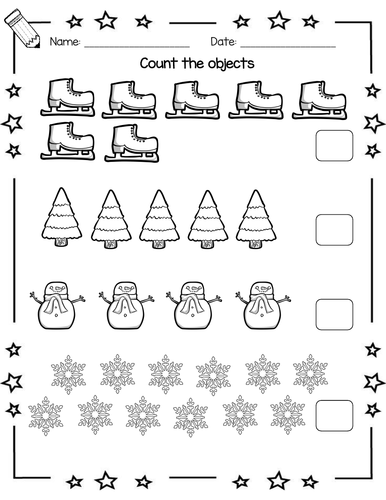 Winter Maths worksheets : counting objects and basic addition - EYFS ...