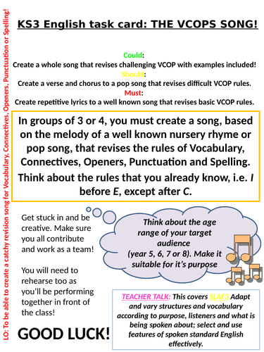 SATS KS3 ENGLISH VCOP Cover lesson Task Card | Teaching Resources