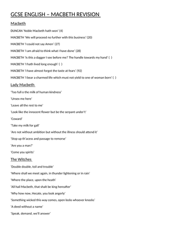 GCSE AQA ENGLISH MACBETH QUOTE BANK | Teaching Resources