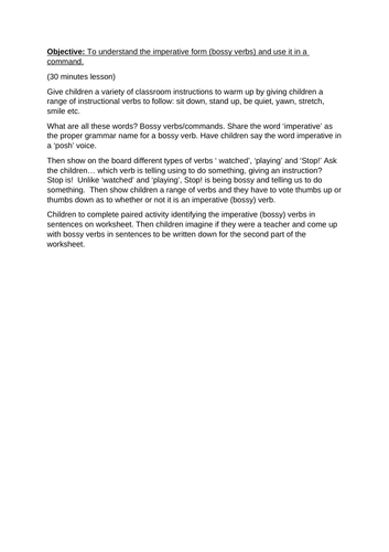 Bossy/Imperative Verbs Short Lesson (Year 2) | Teaching Resources