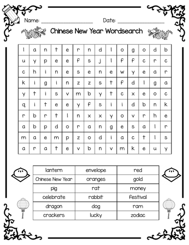 Chinese New Year Wordsearch - Cute colouring vocabulary celebrations ...