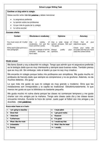Spanish KS3 School Longer Writing Model answer, Scaffold & Translation ...