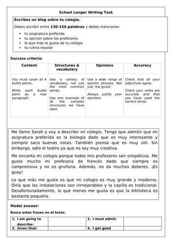 Spanish KS3 School Longer Writing Model answer, Scaffold & Translation ...