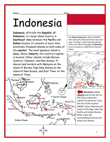 INDONESIA - Introductory Geography Worksheet | Teaching Resources