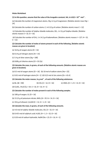 GCSE AQA C4 .1 Relative Masses and Moles - Lesson Plan and Worksheet ...
