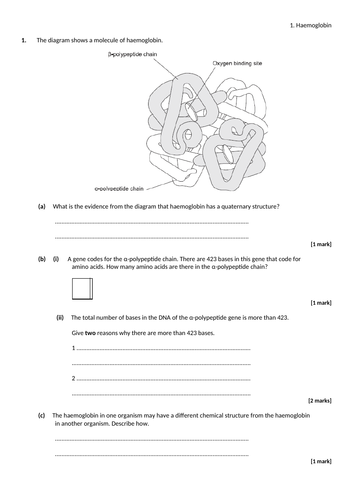 Transport of oxygen by Haemoglobin A-Level worksheet, exam qs & answers ...