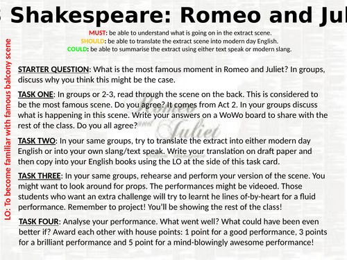 Romeo and Juliet Task Card Act 2 Sc 2 KS3 | Teaching Resources