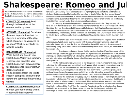 Romeo and Juliet Summary Task Card KS3 Eng | Teaching Resources