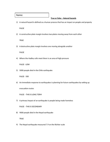 AQA GEOGRAPHY GCSE - Hazards True or False activity | Teaching Resources