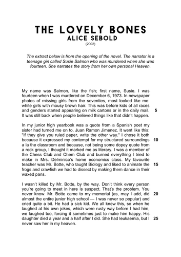 The Lovely Bones Extract & Questions (AQA GCSE) | Teaching Resources