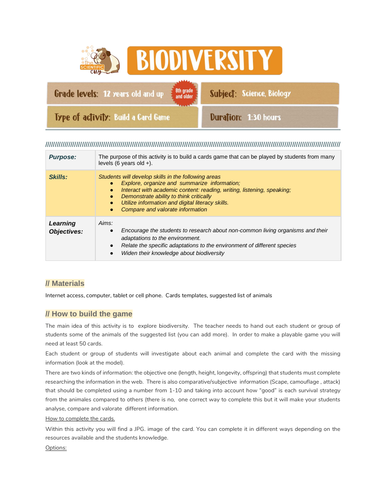 Biodiversity Cards Game (Build your own game!) | Teaching Resources