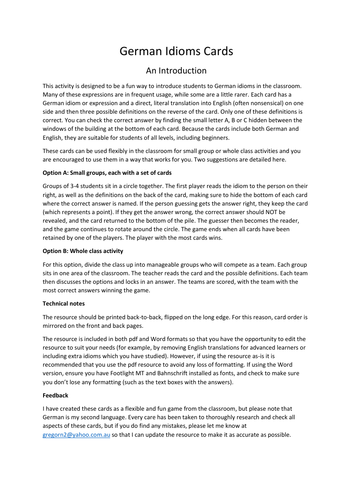 German idioms and expressions card game | Teaching Resources