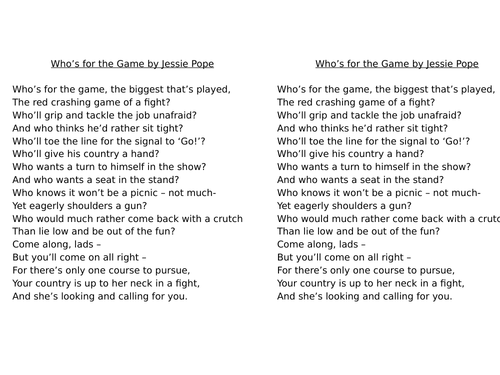 Who's For The Game - Jessie Pope KS3 English | Teaching Resources