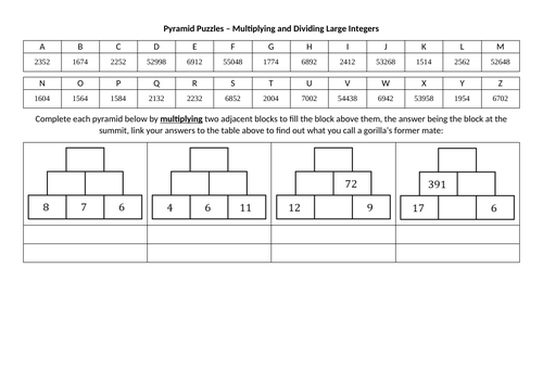 Pyramid Puzzles - Adding, Subtracting, Multiplying, Dividing Integers ...