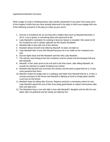Hypothetical 'Macbeth' writing Scenario prompts | Teaching Resources