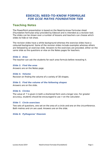 EDEXCEL GCSE MATHS NEED-TO-KNOW FORMULAE FOUNDATION | Teaching Resources