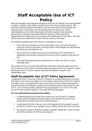 Acceptable Use of ICT Policy (Staff) | Teaching Resources