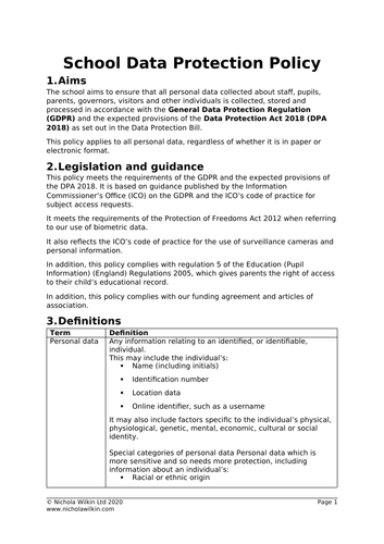 School Data Protection Policy | Teaching Resources