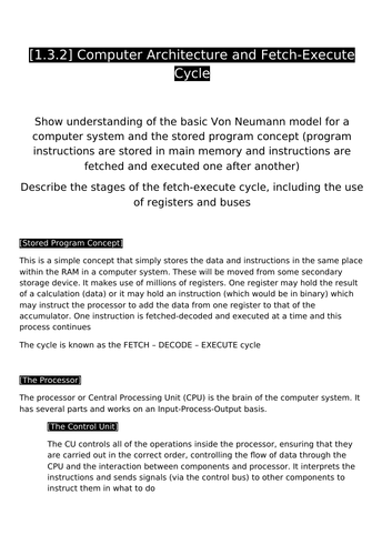 [CIE IGCSE] [1.3.2] Computer Architecture and the Fetch-Execute Cycle | Teaching Resources
