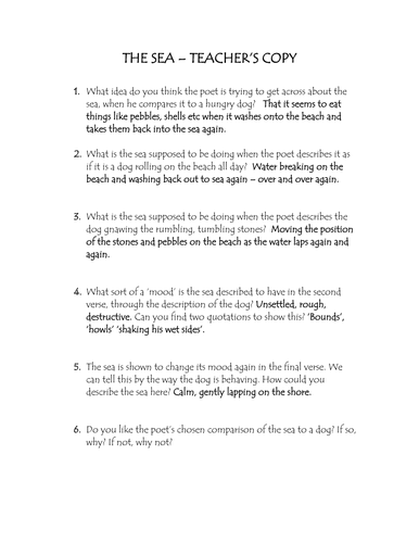 THE SEA BY JAMES REEVES - METAPHOR AND PERSONIFICATION POEM - KS3 ...