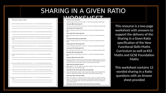 Ratio - Sharing In A Ratio Worksheet | Teaching Resources