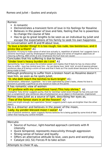 Romeo and Juliet Key Quotes - Analysis and Explanation | Teaching Resources