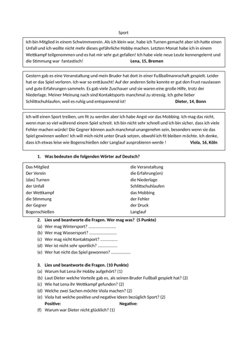 Sport - Higher GCSE German Reading | Teaching Resources
