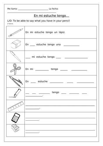 SPANISH - Pencil case items - EN MI ESTUCHE TENGO... | Teaching Resources