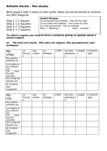 Mes études school subjects battleships | Teaching Resources