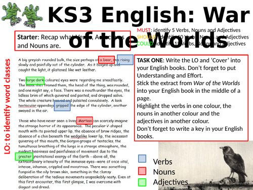 KS2/3 Word Class Task Card GOTHIC HORROR/WAR OF THE WORLDS - ENGLISH ...