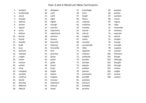 Year 3 and 4 Statutory Spellings | Teaching Resources