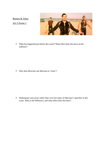 Romeo & Juliet: Act 3 Scene 1 Worksheet | Teaching Resources