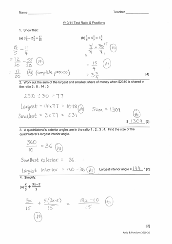 IGCSE Ratio & Fractions Test 2019-20 | Teaching Resources